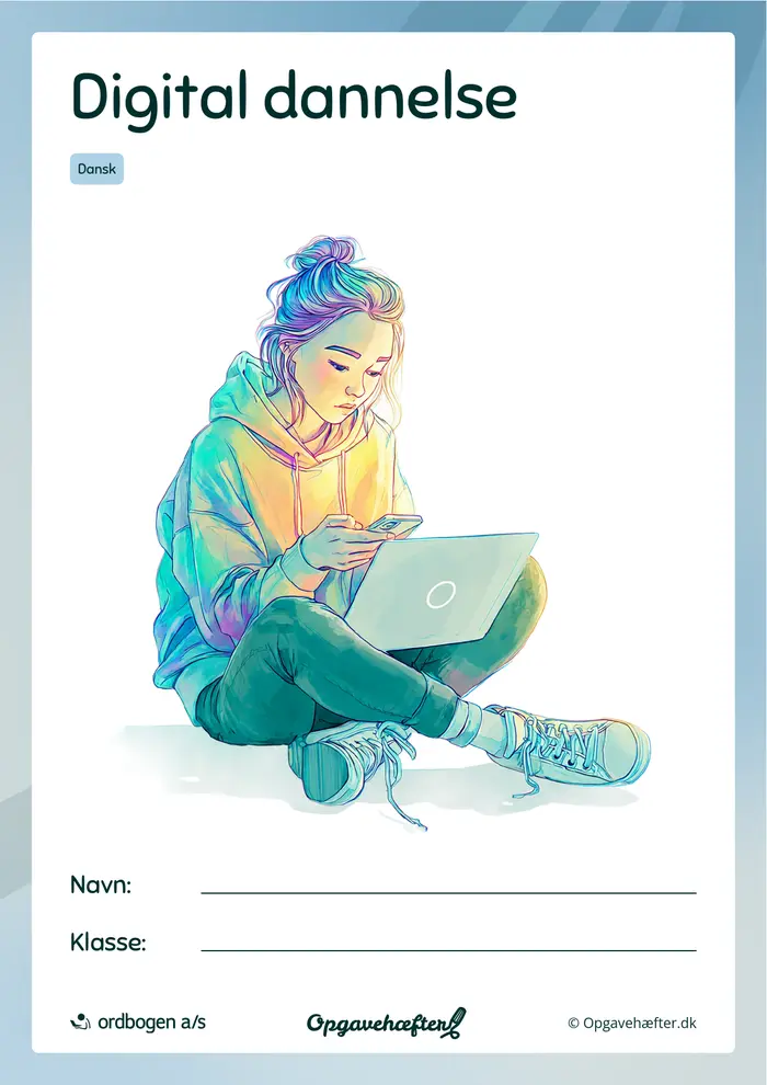 Ung pige bruger smartphone og laptop. Fokus på digital kommunikation, skærmtid og online læring ...